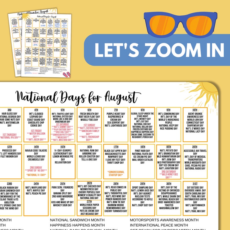 Printable August National Day Calendar | Holiday Tracker at a Glance ...