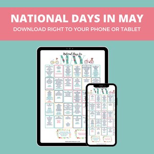 May National Days Printable Calendar | Spring Holidays at a Glance ...
