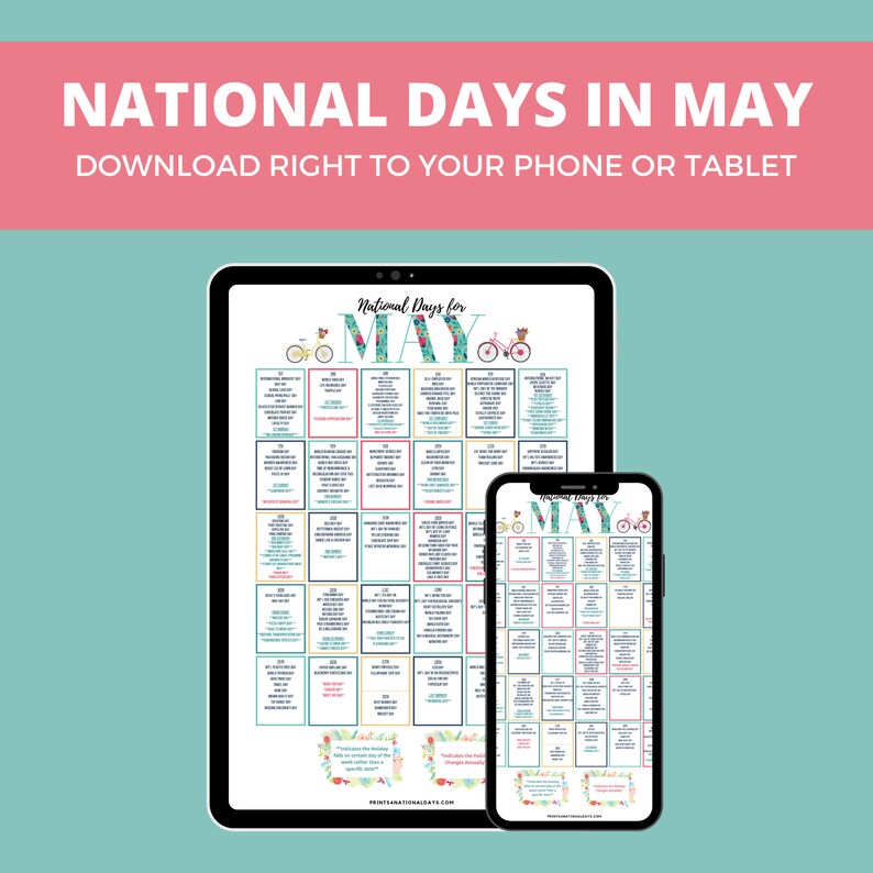 May National Days Printable Calendar | Spring Holidays at a Glance ...