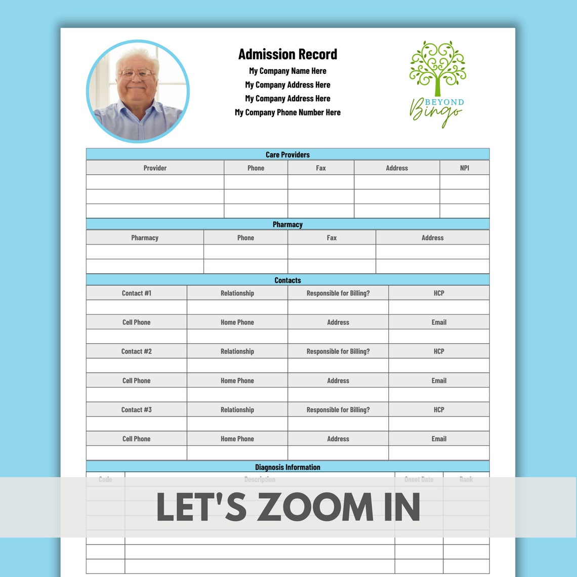 Admission Record Template | Assisted Living Profile | Long Term Care File | Resident Biography ...