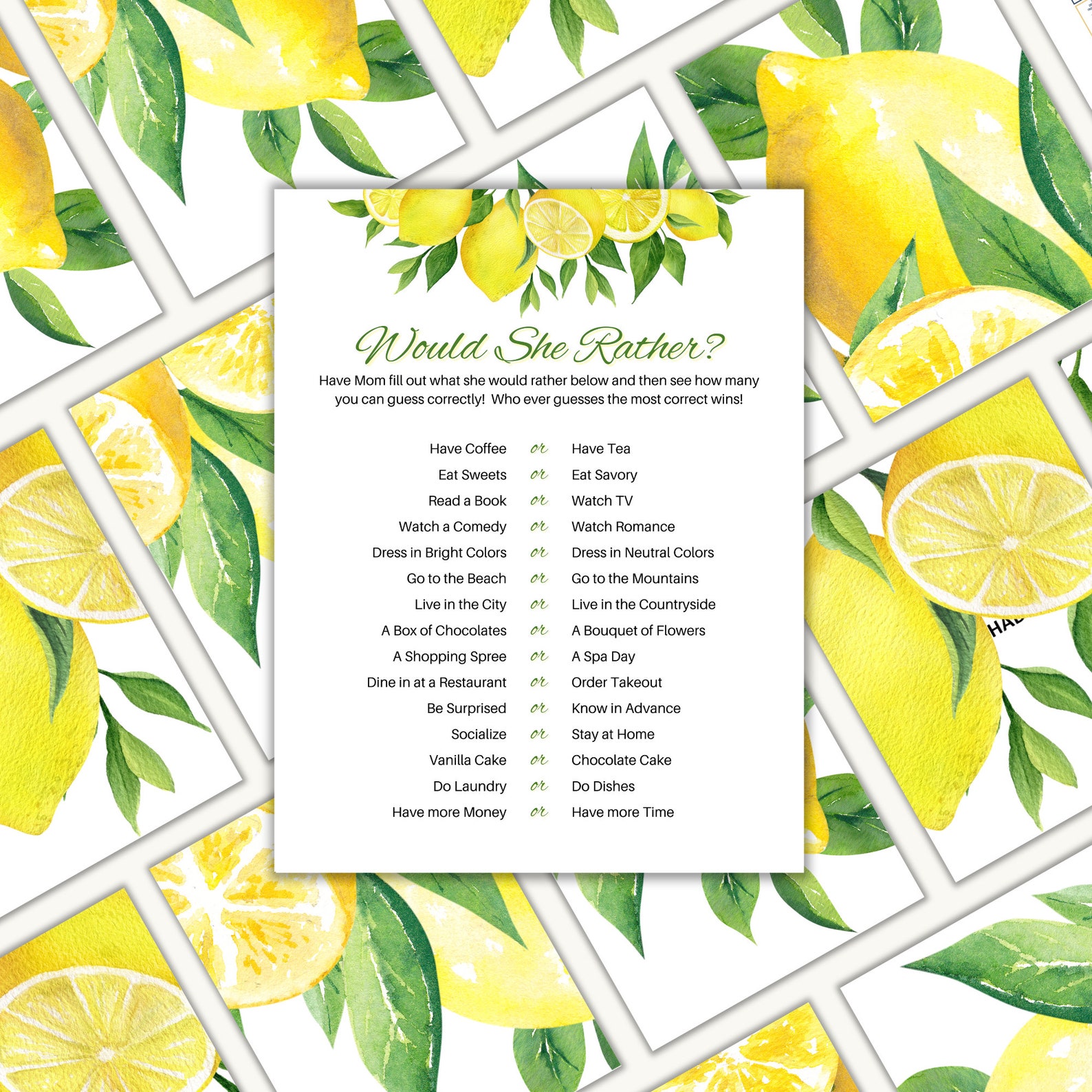 Lemon Themed Mother's Day Game, Printable Icebreaker, Would She Rather ...