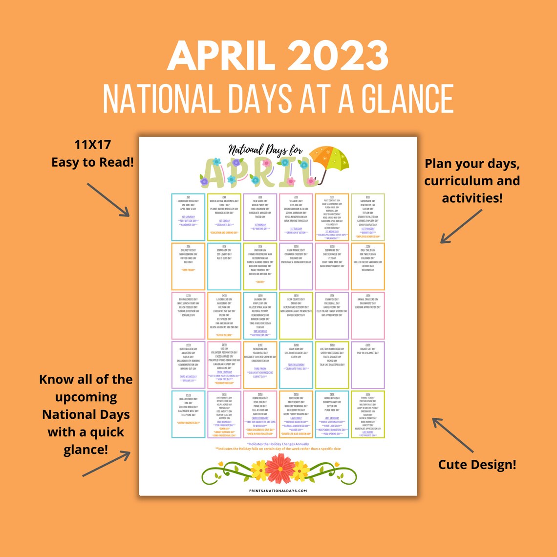 April 2023, National Days at a Glance, Digital Download, Instant ...