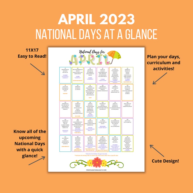 April 2023, National Days at a Glance, Digital Download, Instant ...