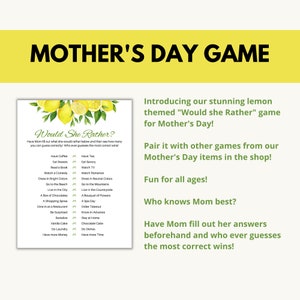 Lemon Themed Mother's Day Game, Printable Icebreaker, Would She Rather ...
