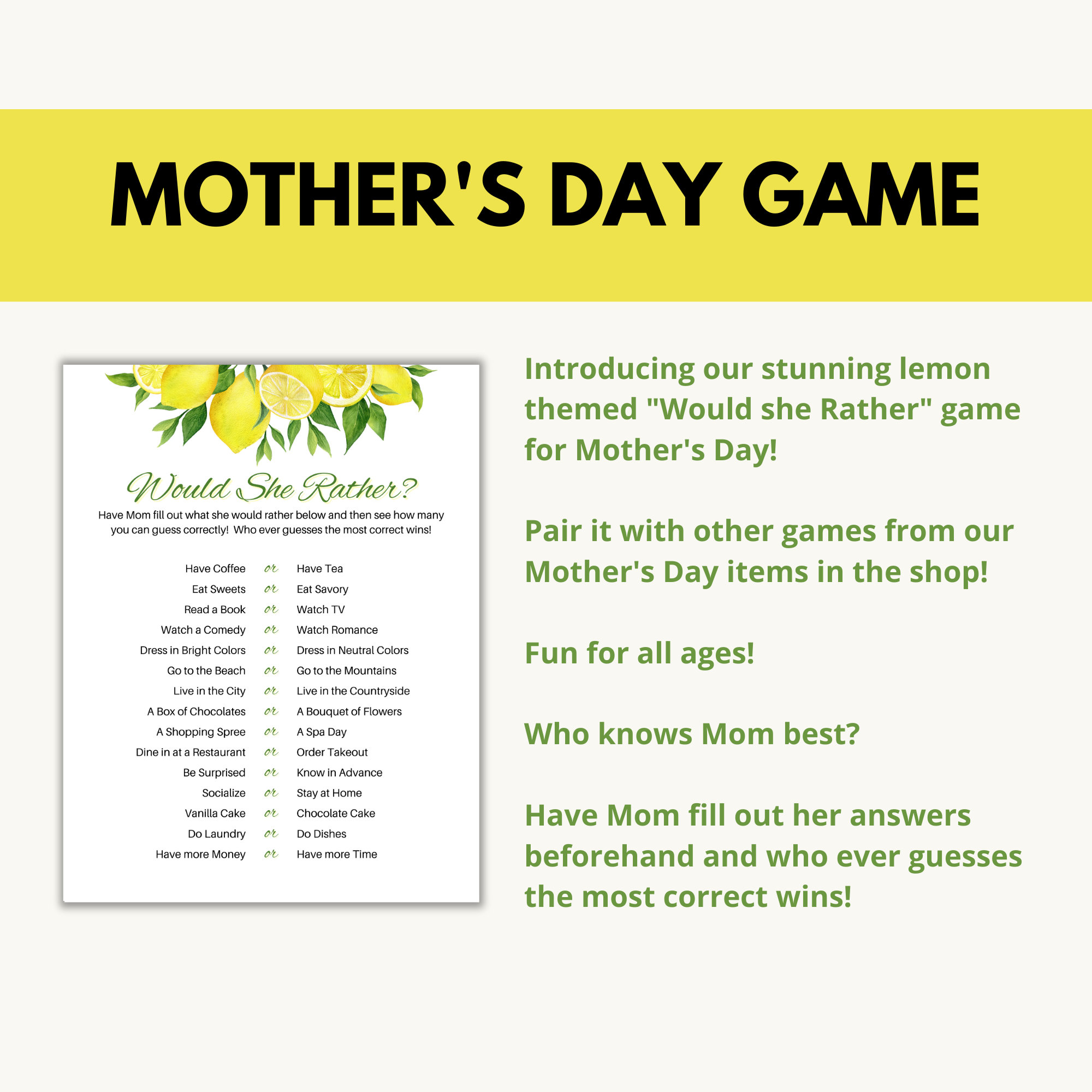 Lemon Themed Mother's Day Game, Printable Icebreaker, Would She Rather ...
