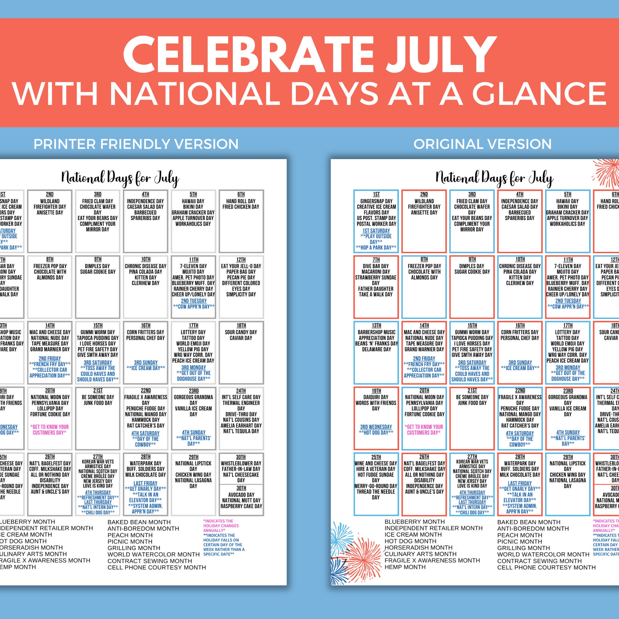 Printable July National Day Calendar | Holiday Tracker at a Glance ...