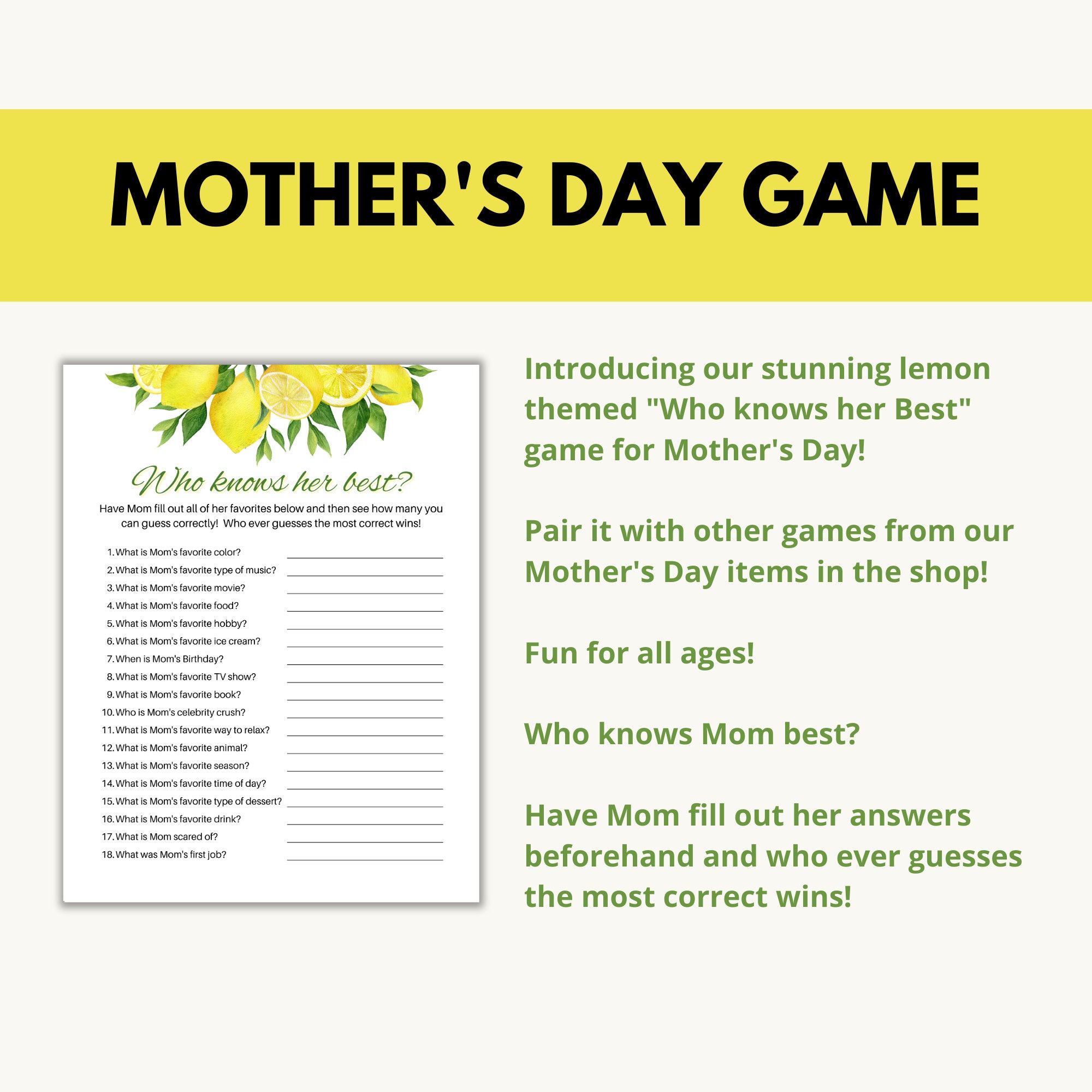 Printable Mother's Day Game Who Knows Mom Best Quiz Celebrating Mom ...
