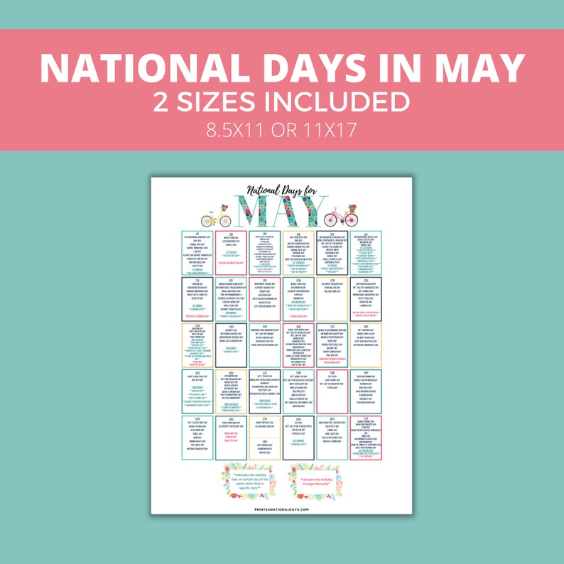 May National Days Printable Calendar | Spring Holidays at a Glance ...