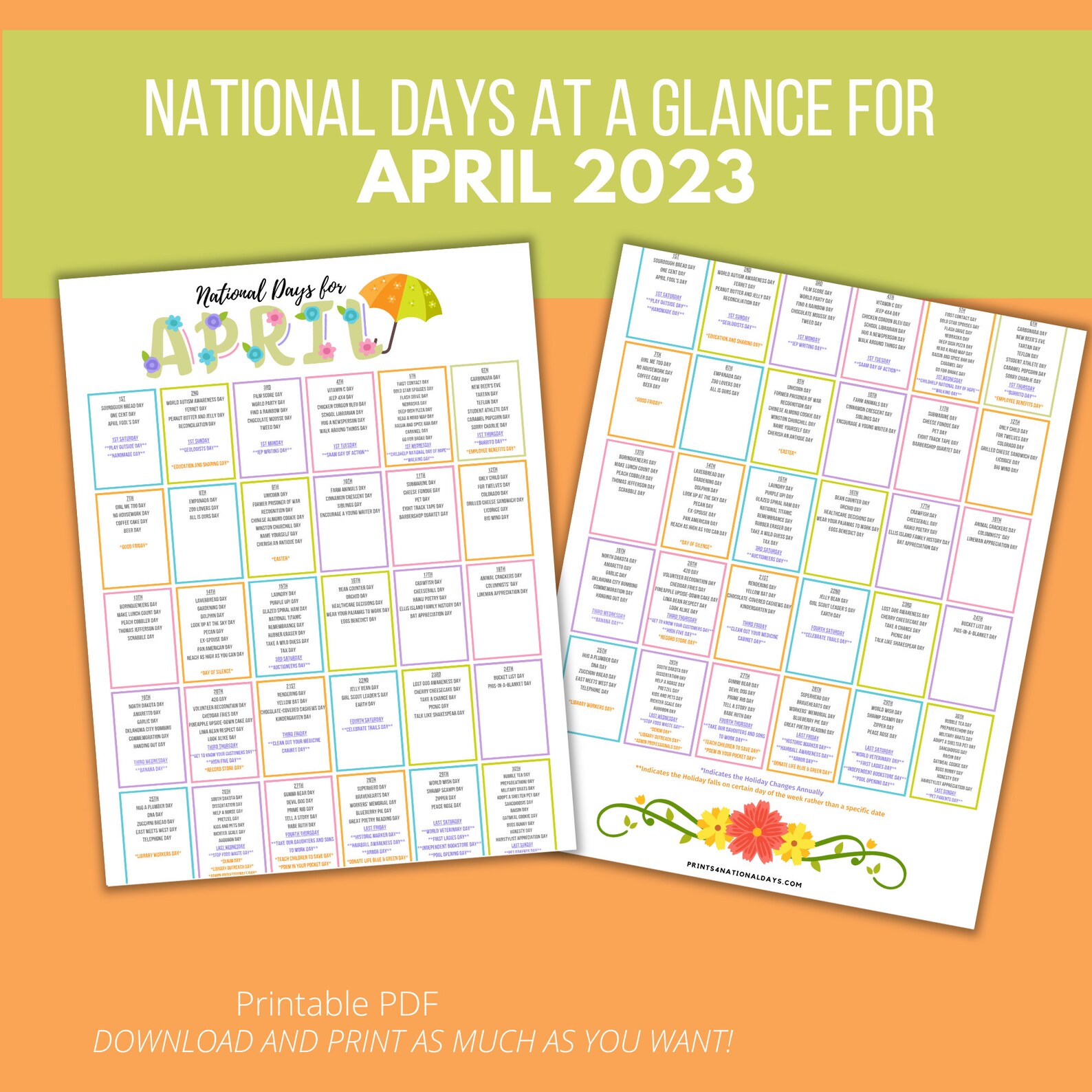 April 2023, National Days at a Glance, Digital Download, Instant ...