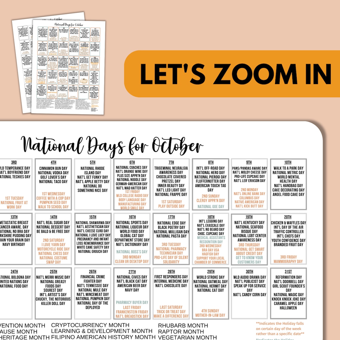 Printable October National Day Calendar | Holiday Tracker at a Glance ...