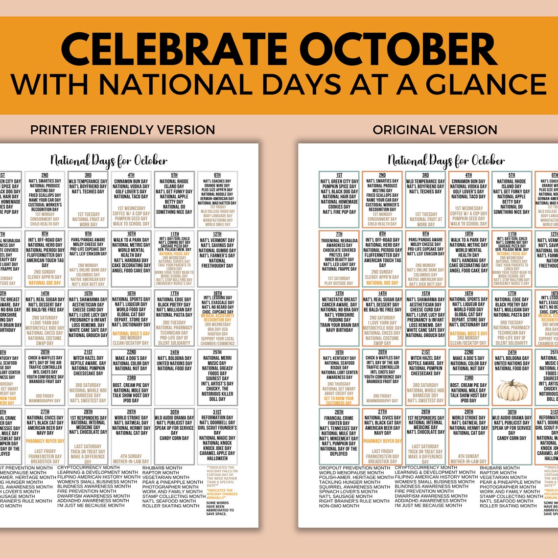 Printable October National Day Calendar | Holiday Tracker at a Glance ...