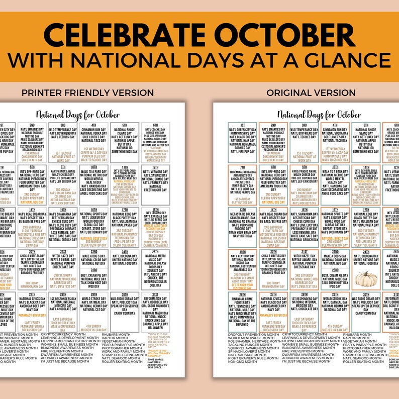 Printable October National Day Calendar | Holiday Tracker at a Glance ...