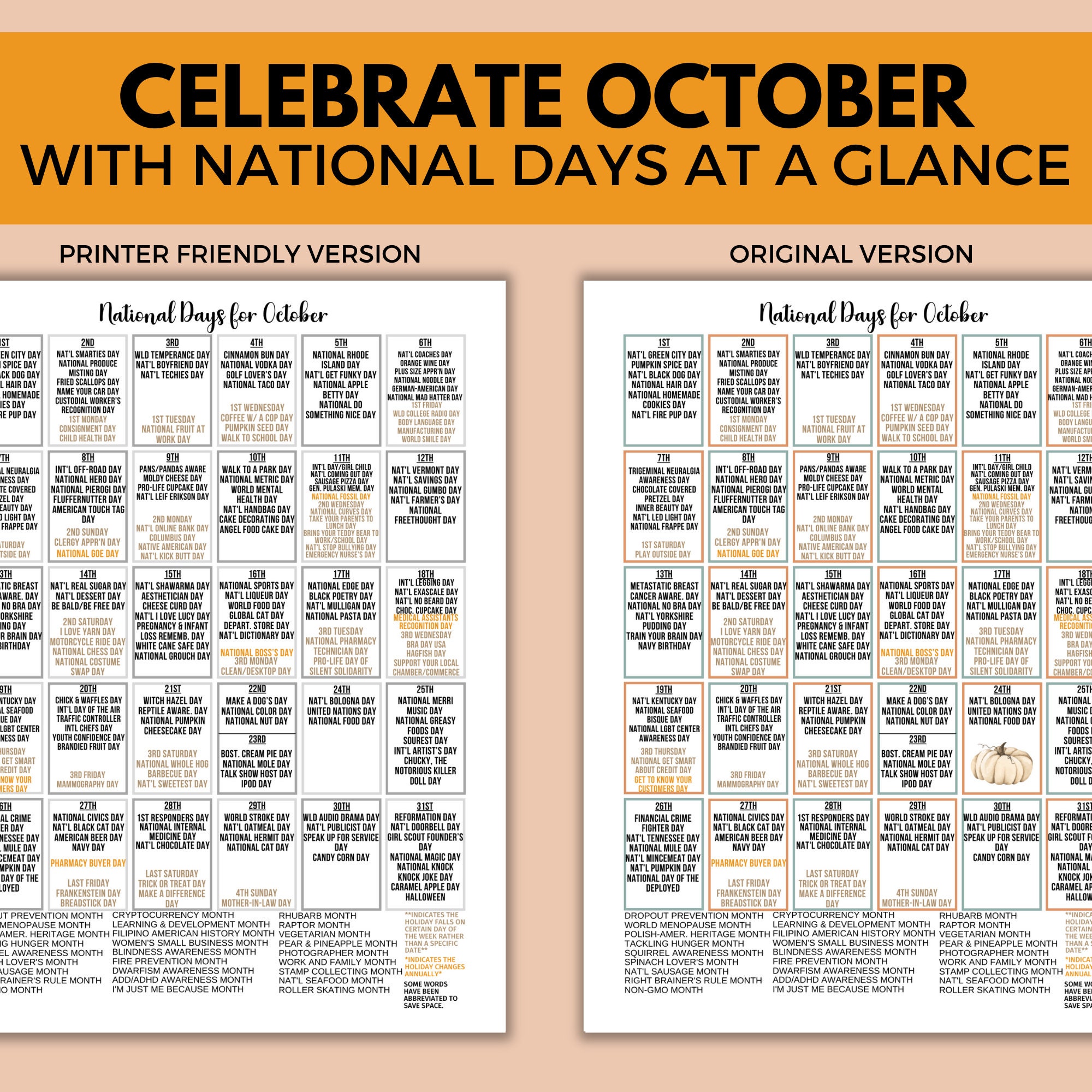 Printable October National Day Calendar | Holiday Tracker at a Glance ...