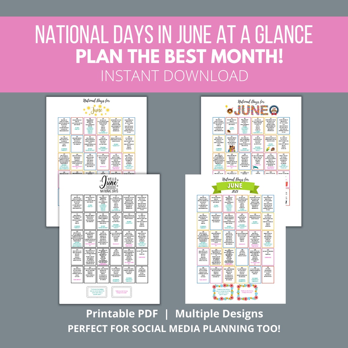June National Day Calendar Printable at a Glance Holiday Tracker Spring ...