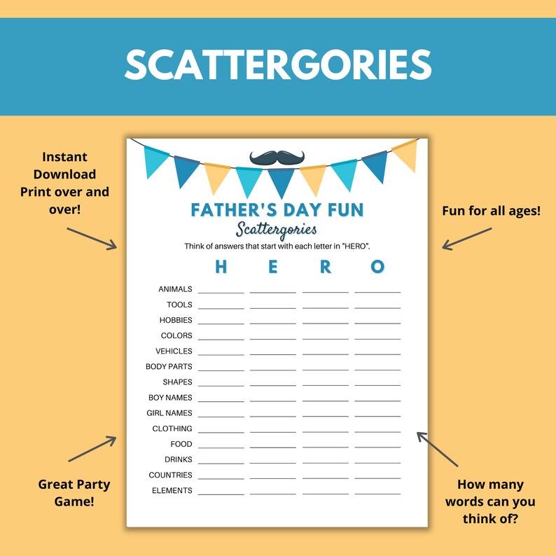 Father's Day Party Game Printable Scattergories Activity Family Fun ...