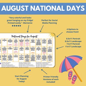 Printable August National Day Calendar | Holiday Tracker at a Glance ...