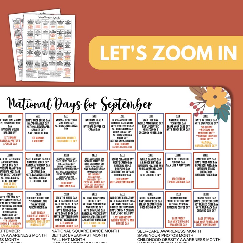 Printable September National Day Calendar | Holiday Tracker at a Glance ...