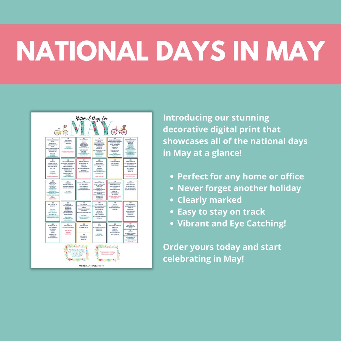 May National Days Printable Calendar | Spring Holidays at a Glance ...