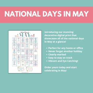 May National Days Printable Calendar | Spring Holidays at a Glance ...