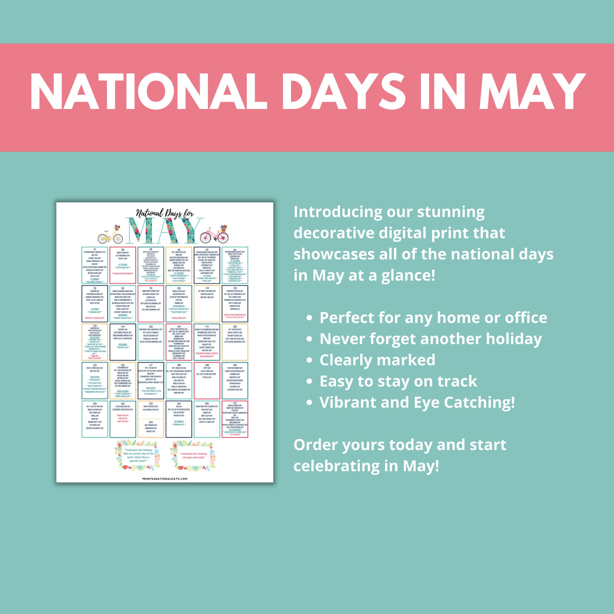 May National Days Printable Calendar | Spring Holidays at a Glance ...