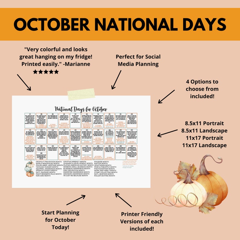Printable October National Day Calendar | Holiday Tracker at a Glance ...