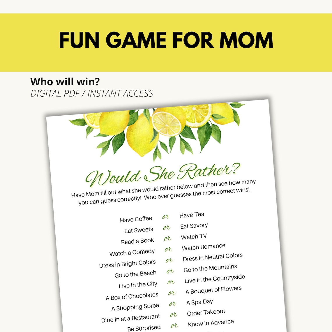 Lemon Themed Mother's Day Game, Printable Icebreaker, Would She Rather ...