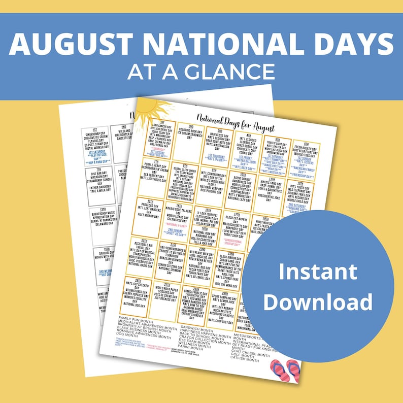 Printable August National Day Calendar | Holiday Tracker at a Glance ...