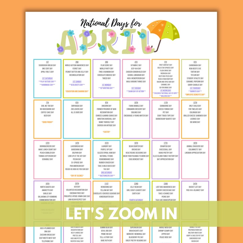 April 2023, National Days at a Glance, Digital Download, Instant ...