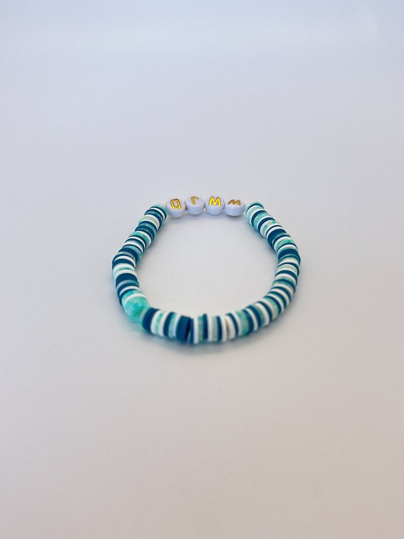 Heishi WWJD Bracelet Blue, Teal, and White Clay Bead Summer Preppy ...