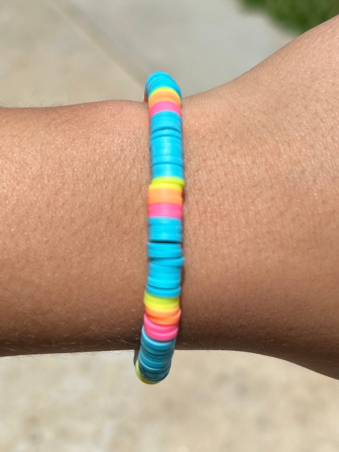 Heishi Pattern Bracelet | Blue, Pink, Yellow, and Orange Clay Beads ...