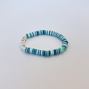 Heishi WWJD Bracelet Blue, Teal, and White Clay Bead Summer Preppy ...