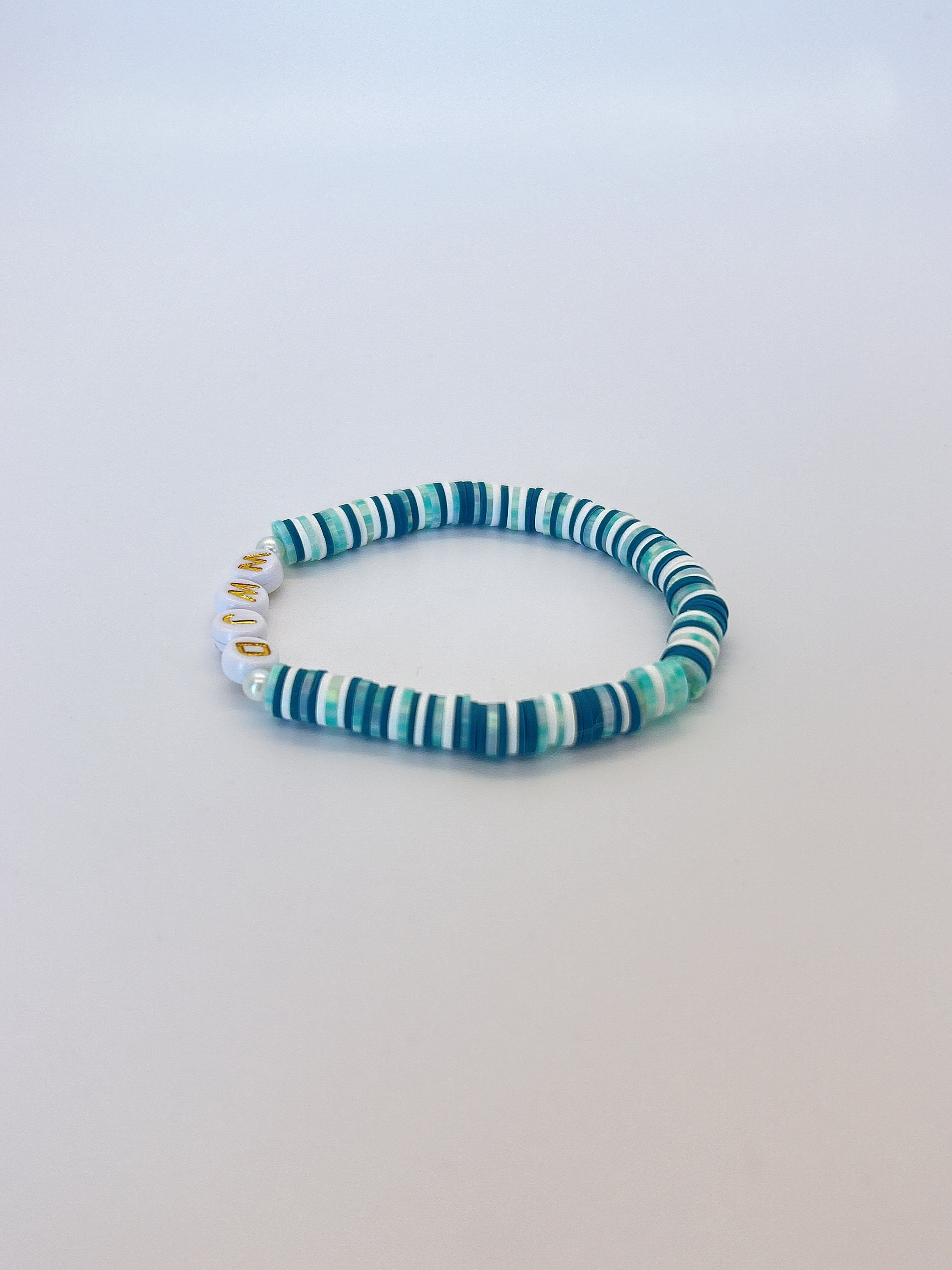 Heishi WWJD Bracelet Blue, Teal, and White Clay Bead Summer Preppy ...