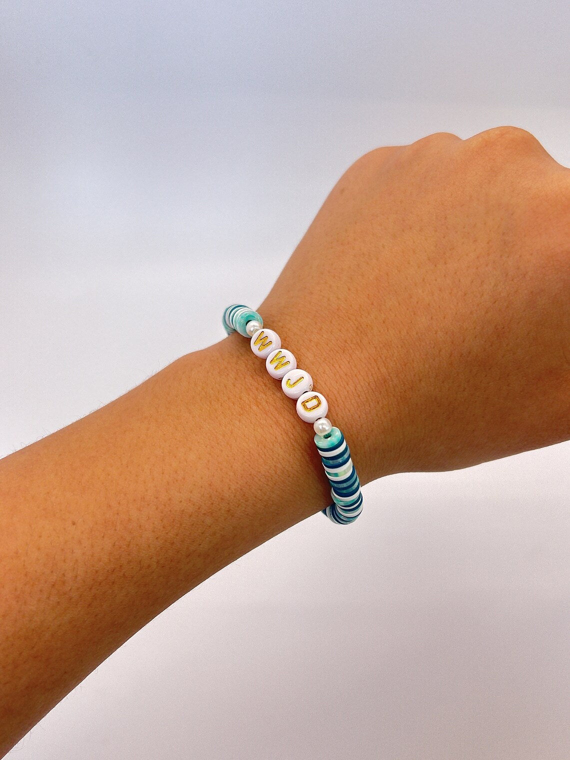 Heishi WWJD Bracelet Blue, Teal, and White Clay Bead Summer Preppy ...