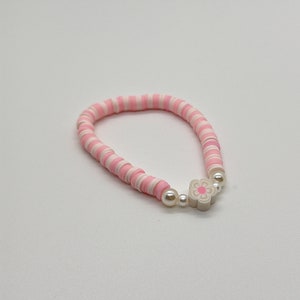 Pink Heishi Bracelet | Pink and White | Clay Bead | Spring | Preppy | Pearl | Flower Bead ...