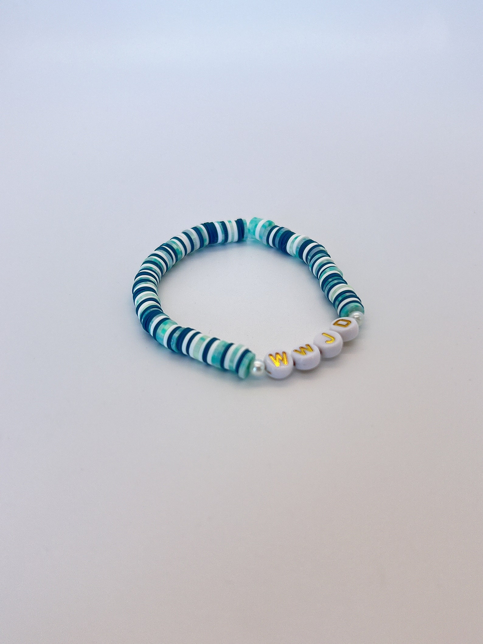 Heishi WWJD Bracelet Blue, Teal, and White Clay Bead Summer Preppy ...