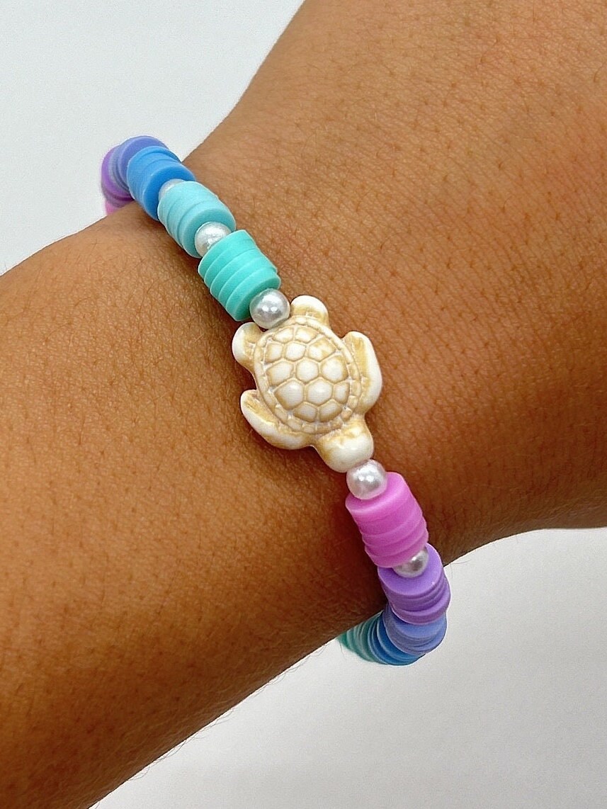 Handmade Heishi Turtle Bracelet | Pink, Purple, Blue, and Teal Bracelet ...
