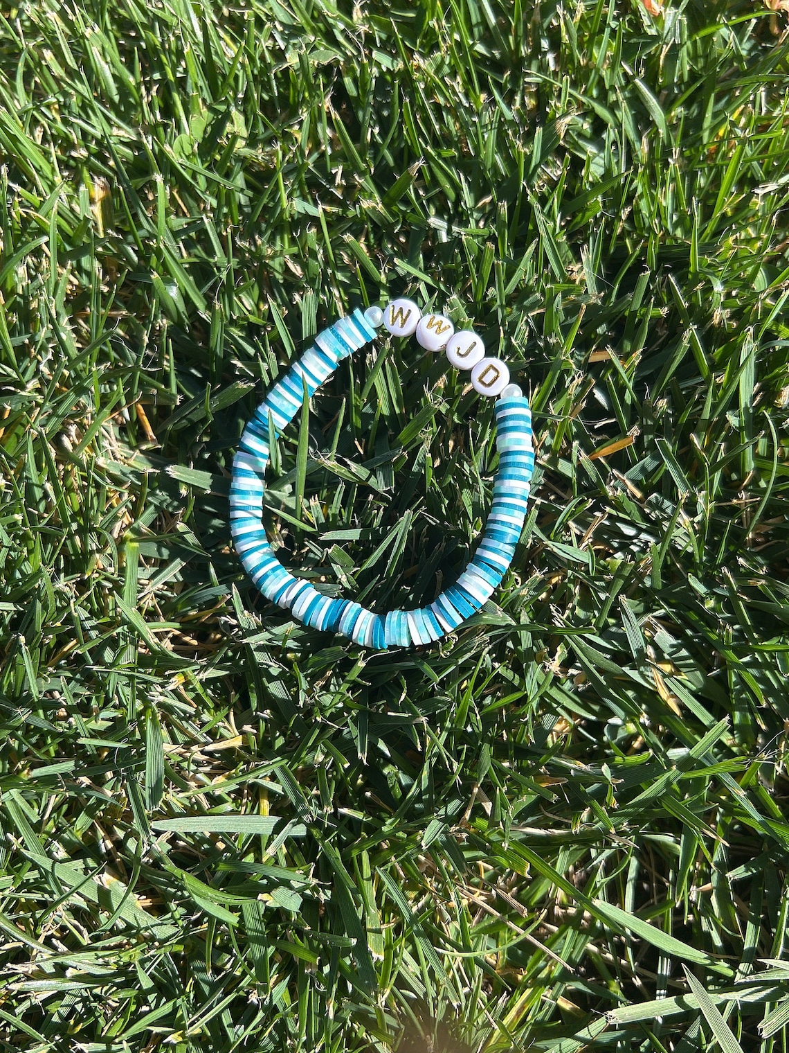 Heishi WWJD Bracelet Blue, Teal, and White Clay Bead Summer Preppy ...