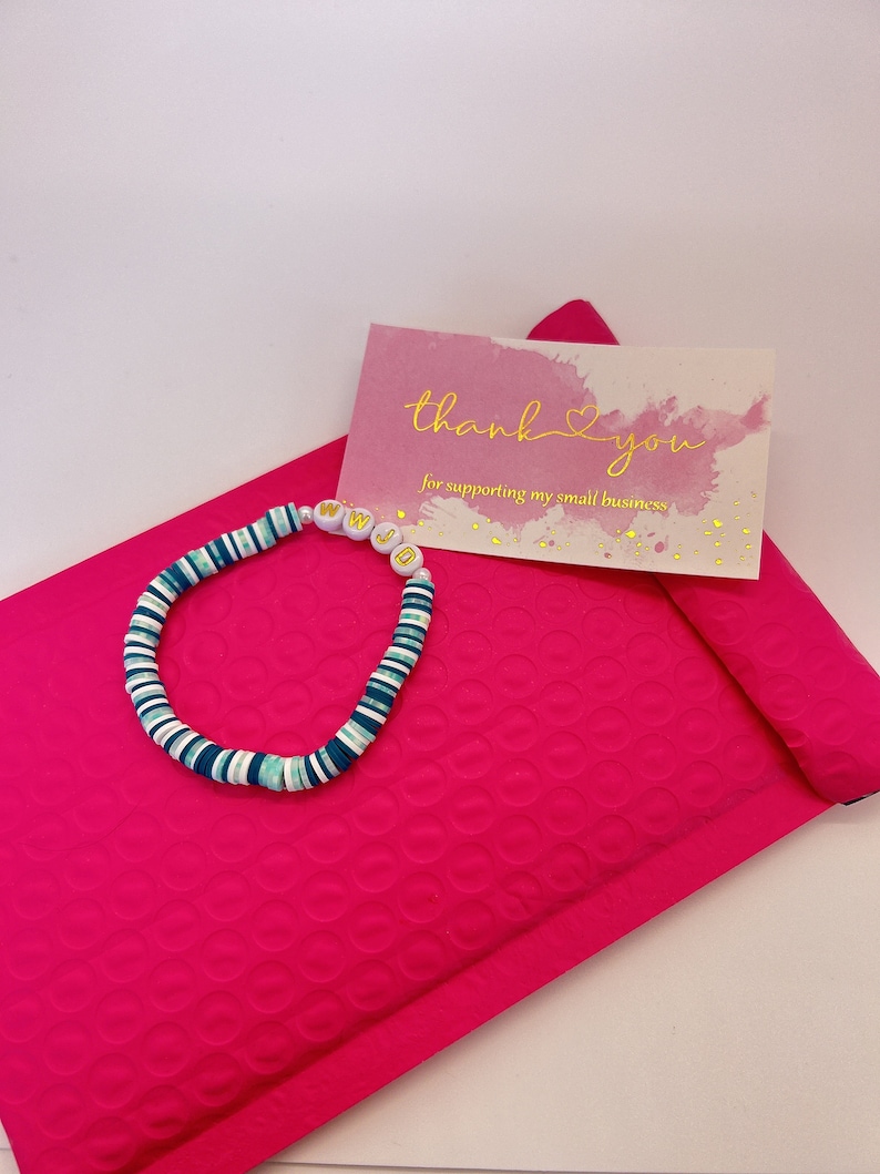 Heishi WWJD Bracelet Blue, Teal, and White Clay Bead Summer Preppy ...