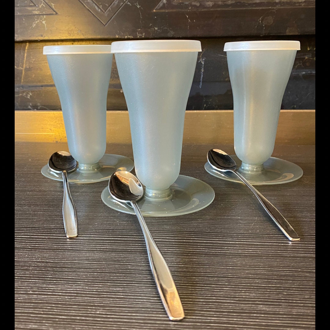 Vintage Tupperware Tall Aqua Lidded Parfait Cups W/ Roger’s Silver ...