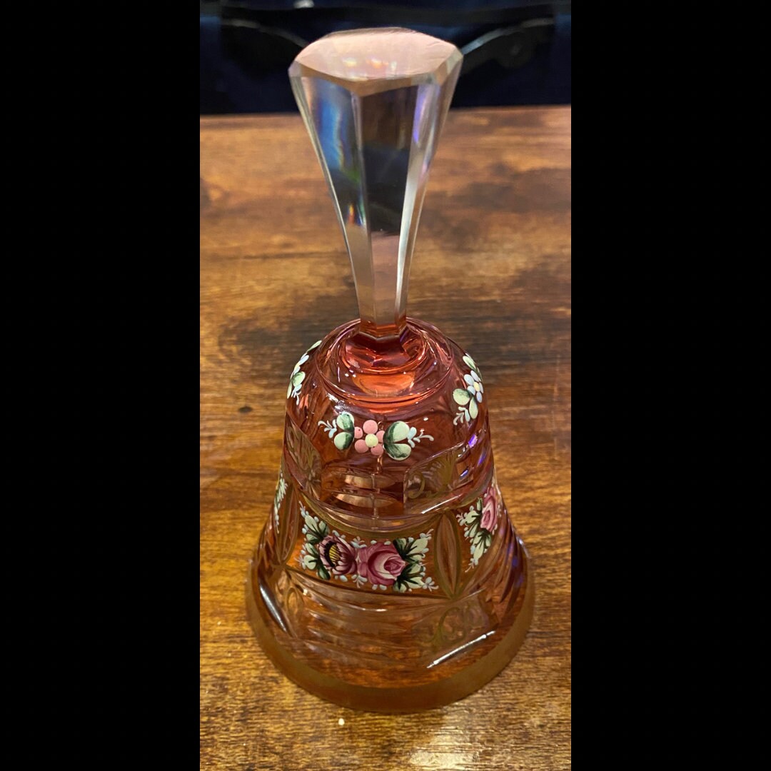 RARE Fenton Pink Crystal Handbell With Handpainted Roses and Gold Trim ...
