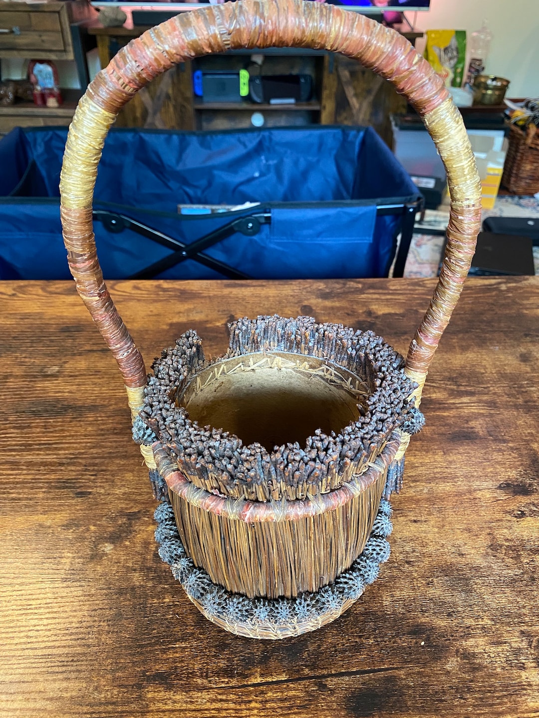 Vintage Handmade Twig & Pinecone Rustic Basket Planter - Etsy