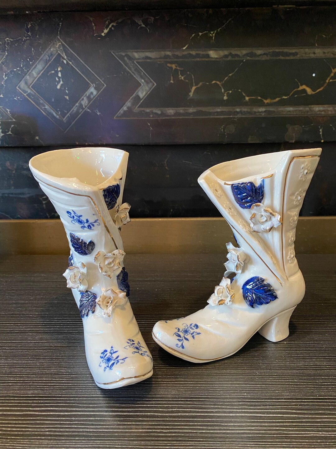 2 Vintage Blue & White Floral Porcelain Victorian Boot Figurines - Etsy