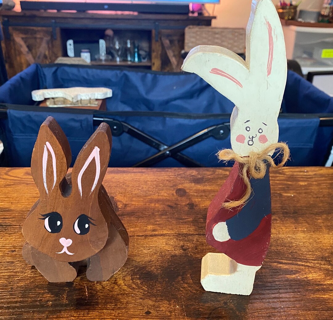 2 Vintage Farmhouse Handpainted Wooden Cutout Rabbits - Etsy