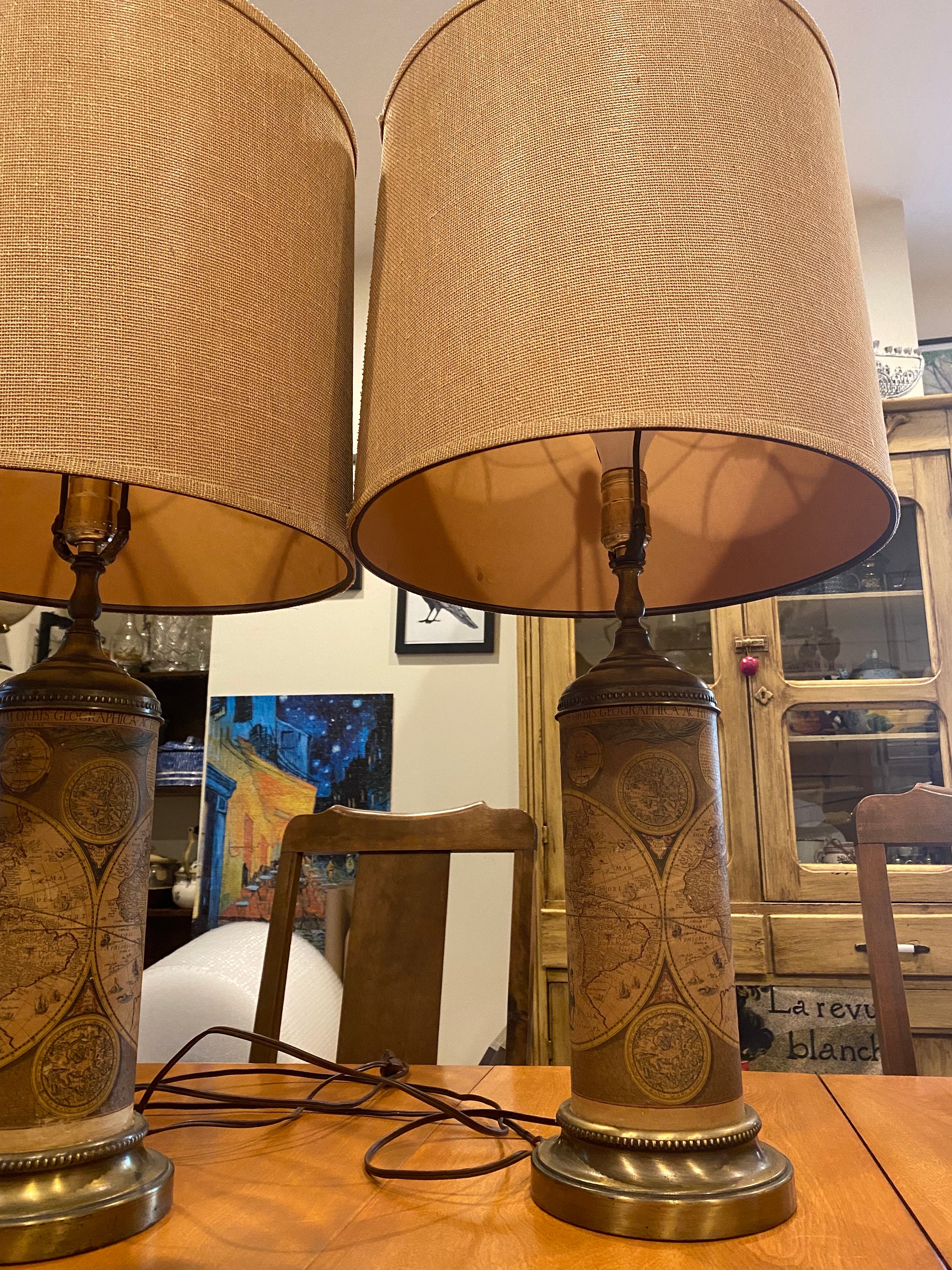 Pair of MCM Antique World Map Table Lamps W/ Beige Cylinder - Etsy