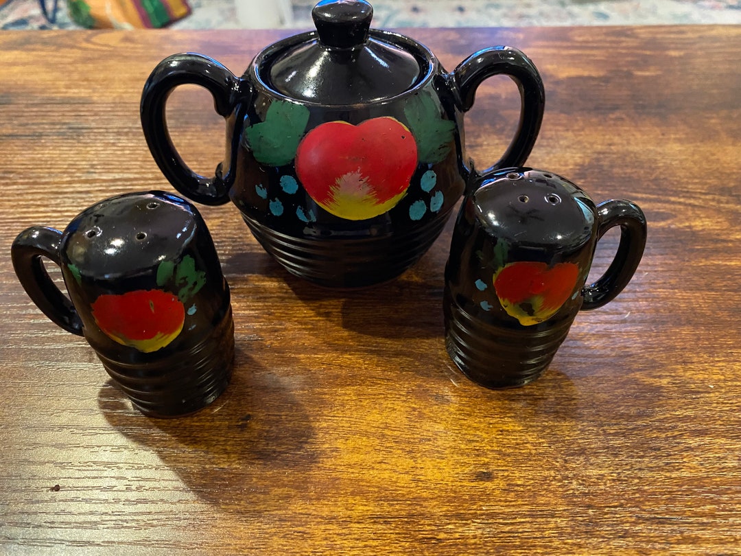 Vintage Redware Hand Painted Japanese Ceramic Sugar Bowl and Salt ...