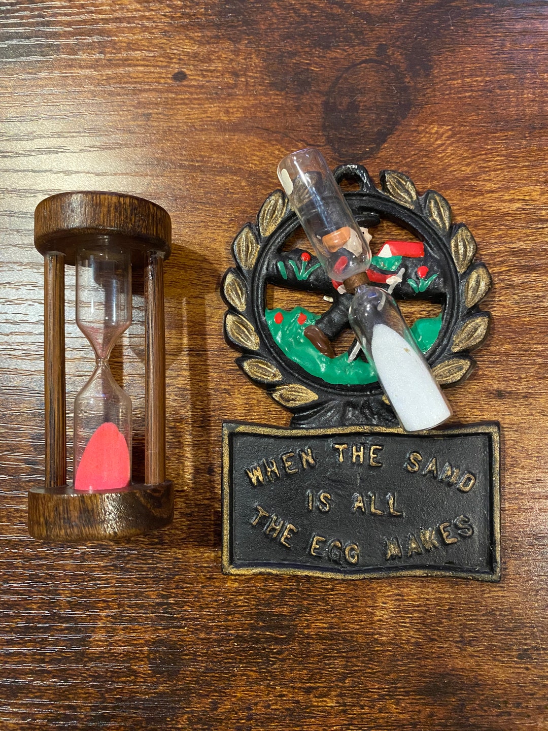 Vintage Cast Iron Folk Art Egg Timer & Wooden Minute Timer With Pink ...