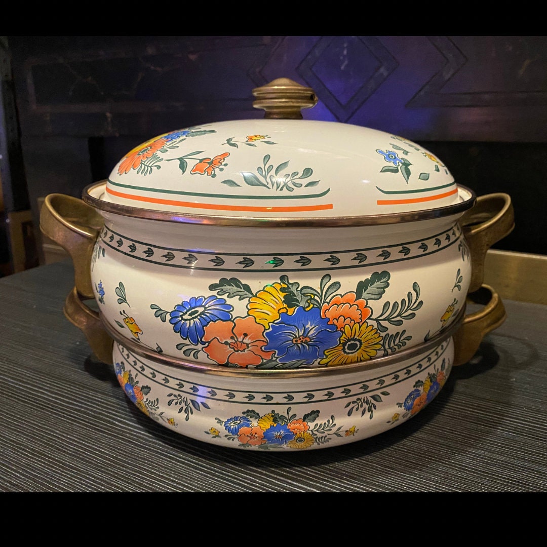 Vintage M. Kamenstein 3-piece Folk Art Floral Enamelware Pot Set - Etsy