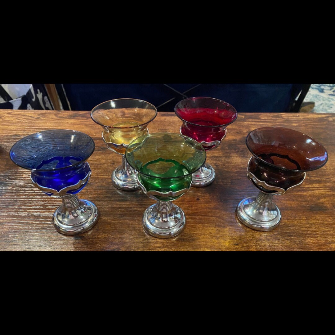 Set of 5 Multicolor Glass Goblets With Silver Stems by Farber Bros - Etsy
