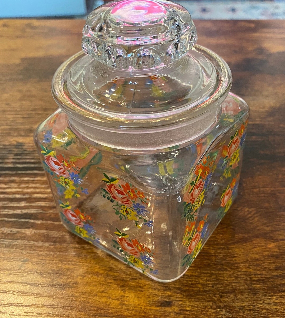 Hand Painted Floral Vintage Glass Candy Jar/canister - Etsy