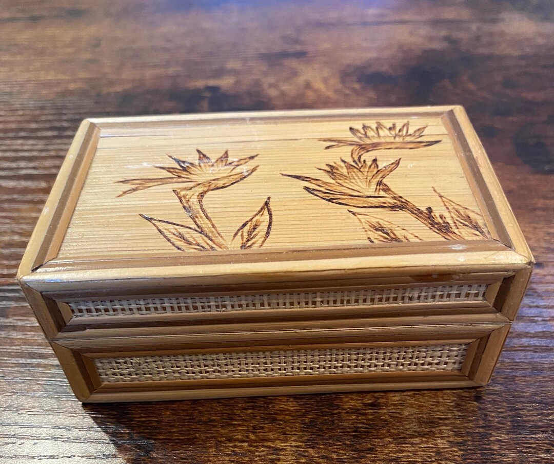 Bamboo & Wicker Mini Trinket Box With Burned in Floral Design - Etsy